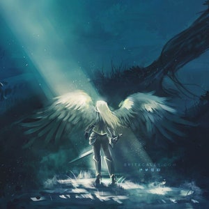 Armored Angel in the Forest - Original - Sun Beam - Dark Forest - Hope ...