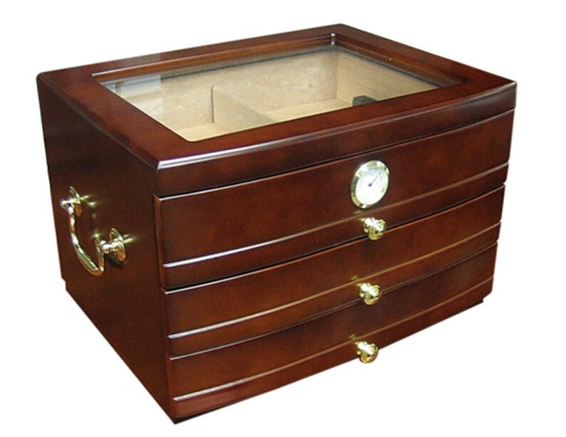 Three Drawer Mahogany Humidor Box, Personalized Glass Lid Cigar Box ...