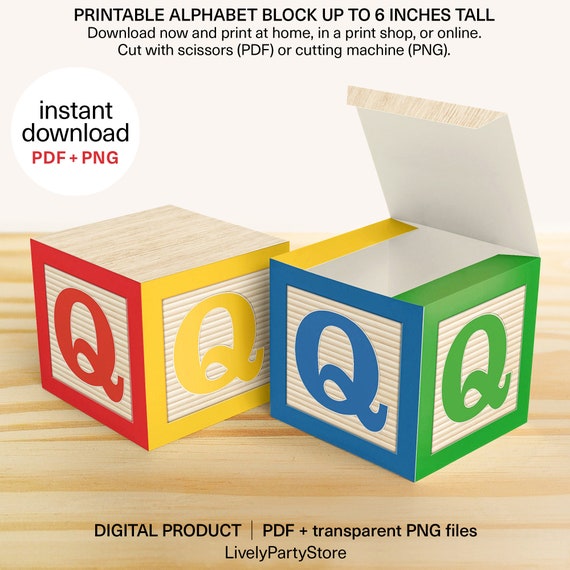 Printable LETTER Q building block. Primary colors and green, instant ...