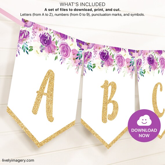 Purple bunting banner print-and-cut files for custom text. Gold accents ...