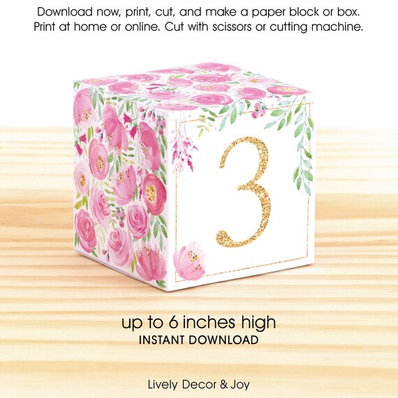 Printable NUMBER 3 number block. Pink floral and gold accents, instant ...