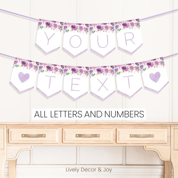 Printable purple watercolor floral banner. Letters, numbers and symbols ...
