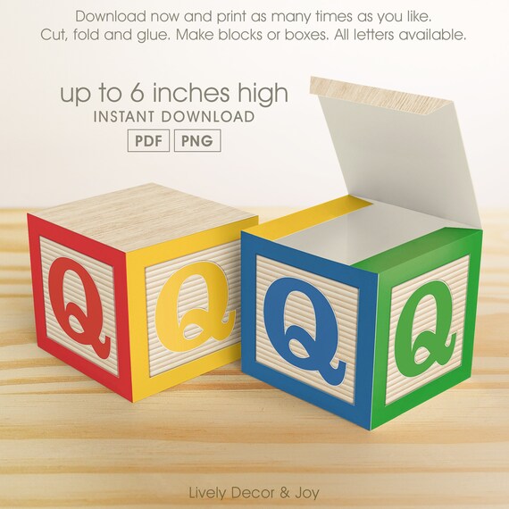 Printable LETTER Q building block. Primary colors and green, instant ...