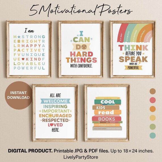 Kids Printable Art Set, 5 Boho Motivational Posters: I am strong, I can ...