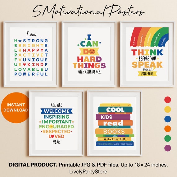 Kids Affirmation Prints, 5 Printable Posters in Bright Colors: I can do ...