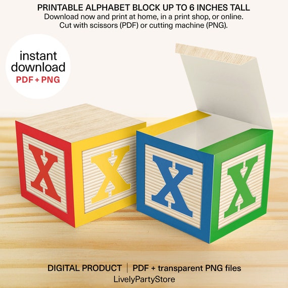 Printable LETTER X DIY block. Red, yellow, blue and green, instant ...