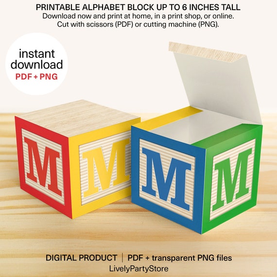 Printable LETTER M alphabet block. Primary colors and green, instant ...