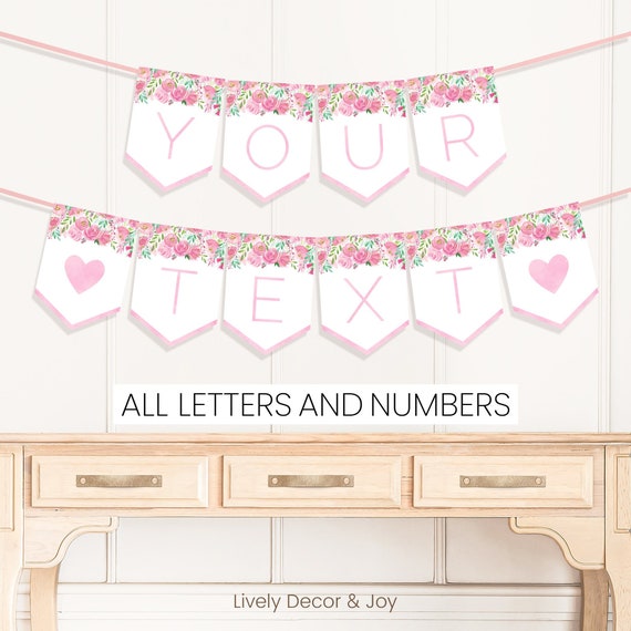 Printable pink watercolor floral banner. Letters, numbers and symbols ...