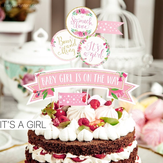 Printable It's a Girl cake topper and party decorations. Pink and gold ...