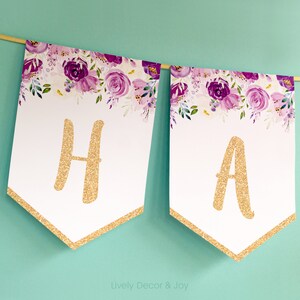 Printable Purple and Gold Floral Banner, All Letters and Numbers ...