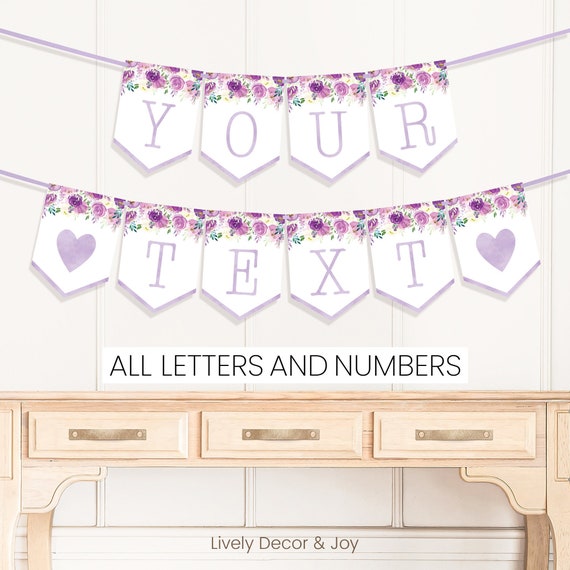 Printable purple banner with watercolor flowers, entire alphabet ...