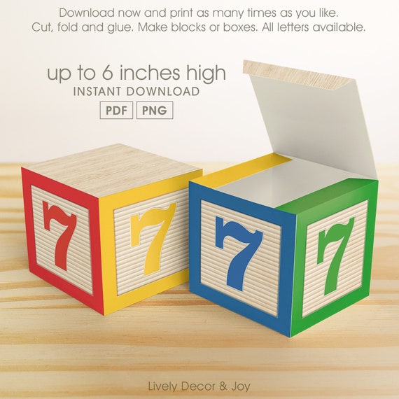 Printable NUMBER 7 alphabet block. Primary colors and green, instant ...