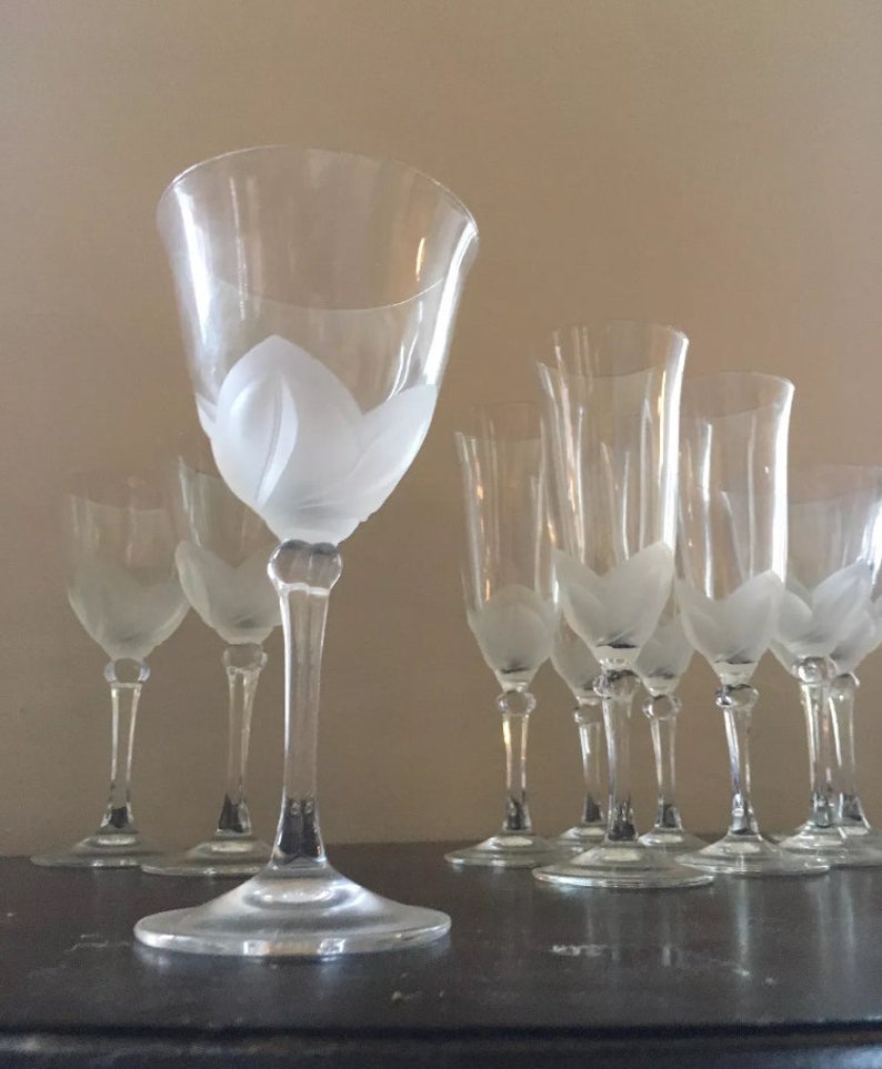 Durand Crystal Frosted Wine Glass Set Of 6 And Champagne Flues Etsy