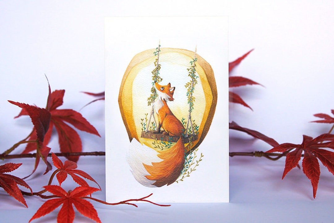 Fox on a Swing Postcard - Spring Animals Series - Etsy