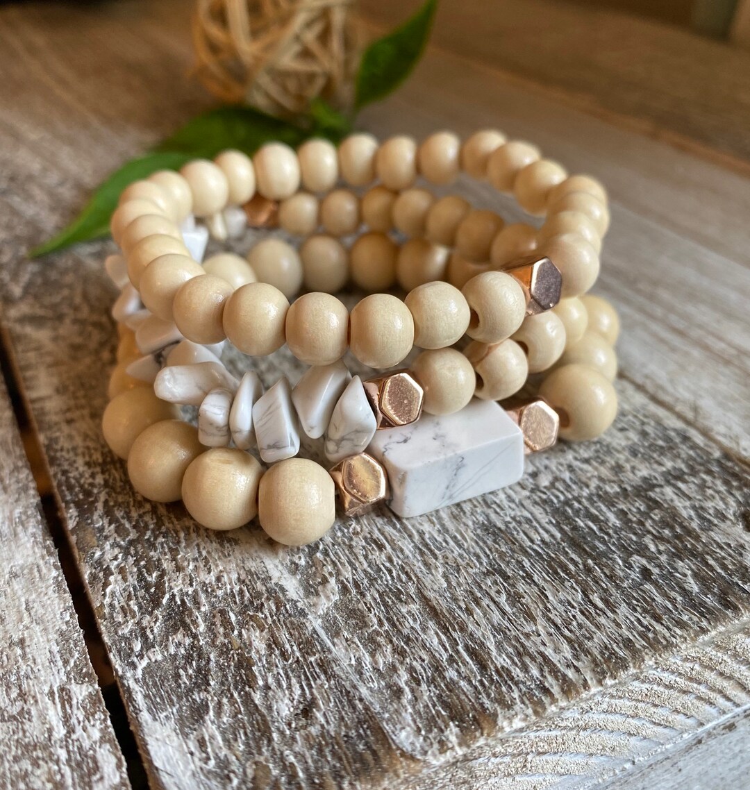 Wood Bead Bracelet Set, Howlite Gemstone, Essential Oil Diffuser - Etsy