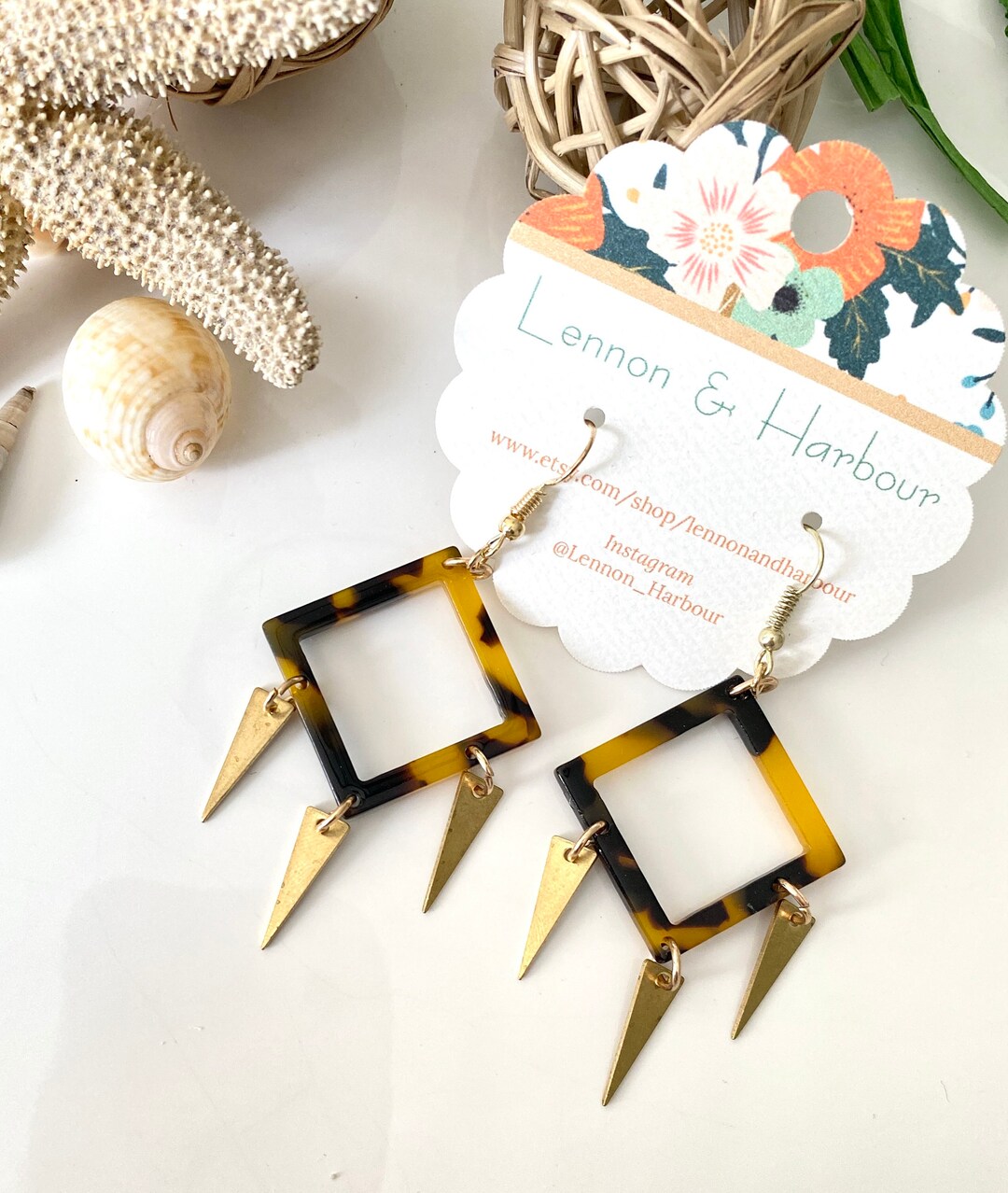 Tortoise Shell Spiked Earrings, Tortoise Shell Hoop, Square Hoop ...