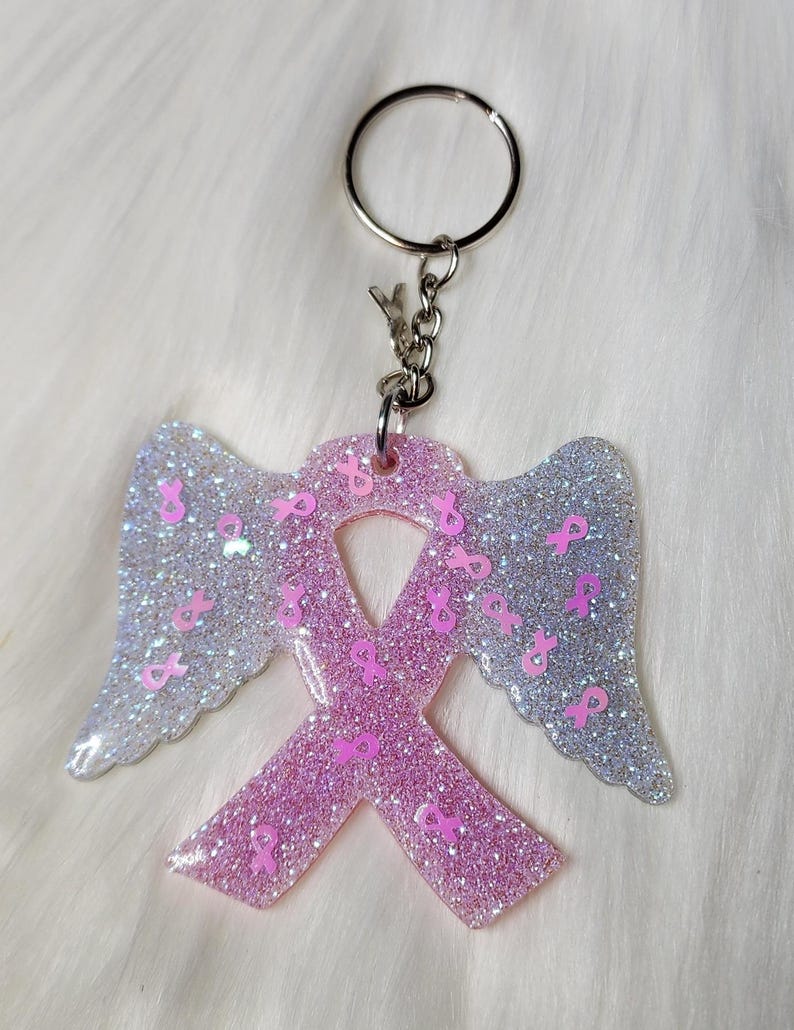 Breast Cancer Awareness Ribbon With Angel Wings Keychain - Etsy