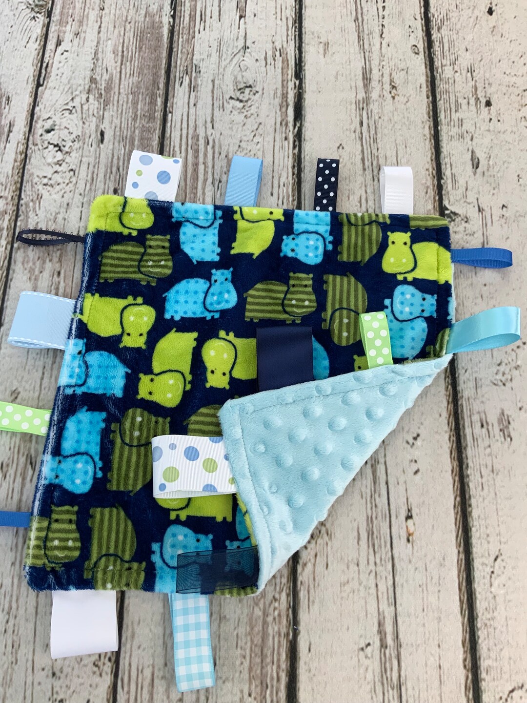 Baby Boy Tag Blanket / Hippo Tag Blanket / Blue Green Tag Blanket ...