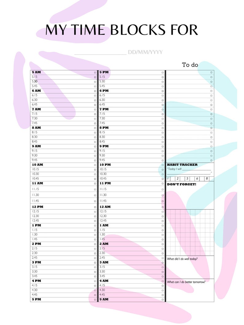 15 Minute Planner 15 Minute Time Block Printable 24 Hour - Etsy Canada