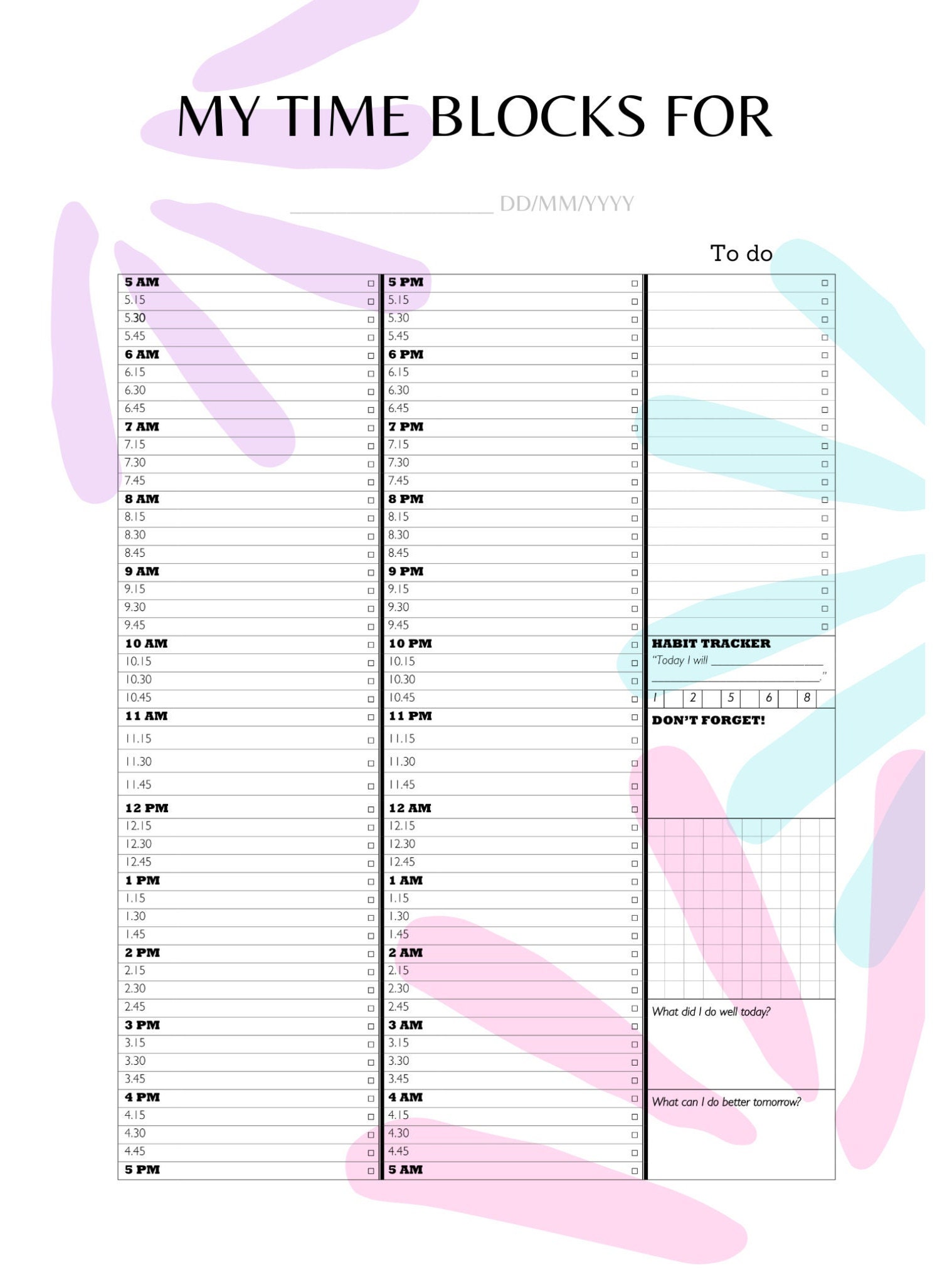 15 Minute Planner 15 Minute Time Block Printable 24 Hour - Etsy Canada