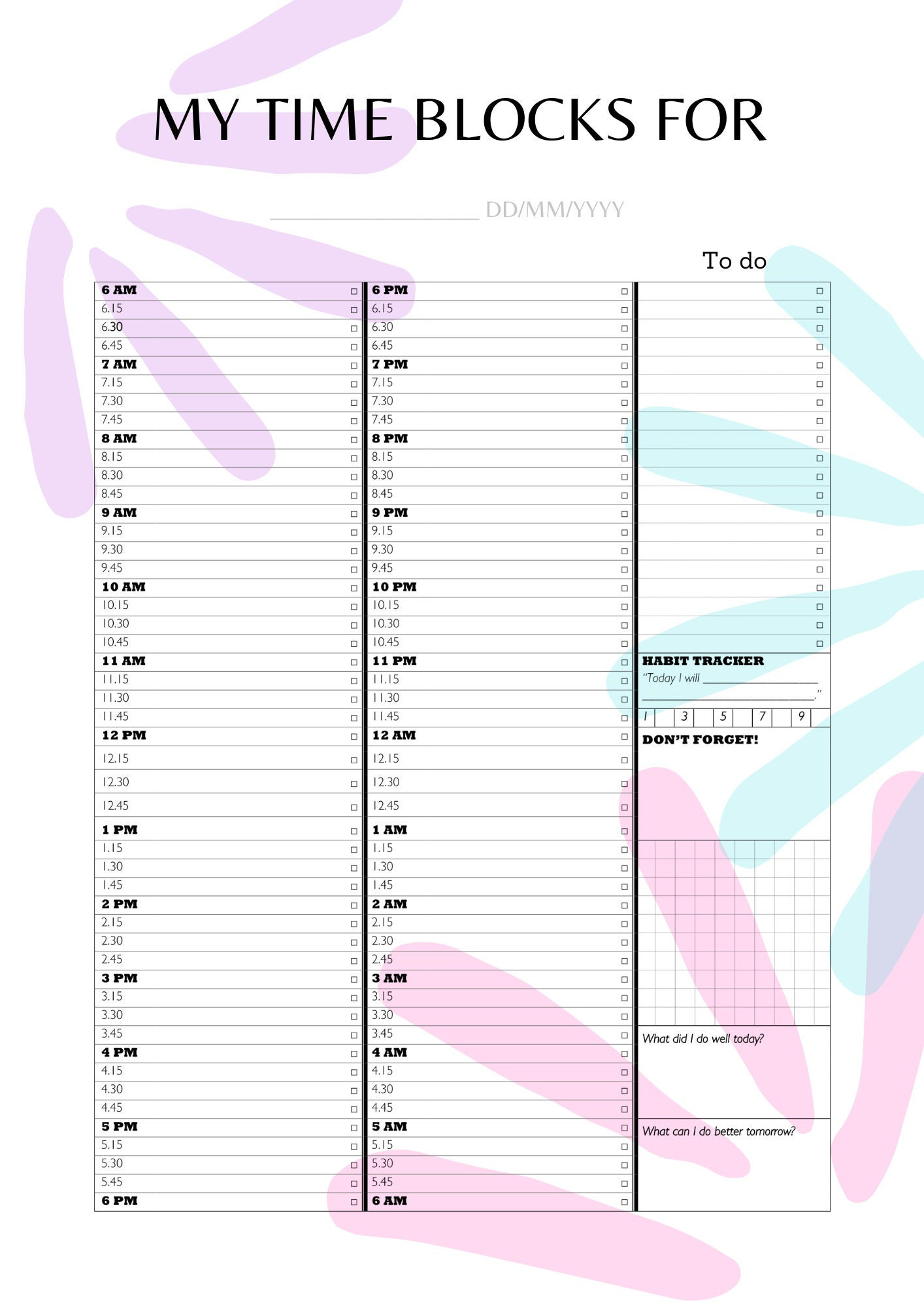 Time Blocking Printable 15 Minute Increment Planner Classic Happy ...