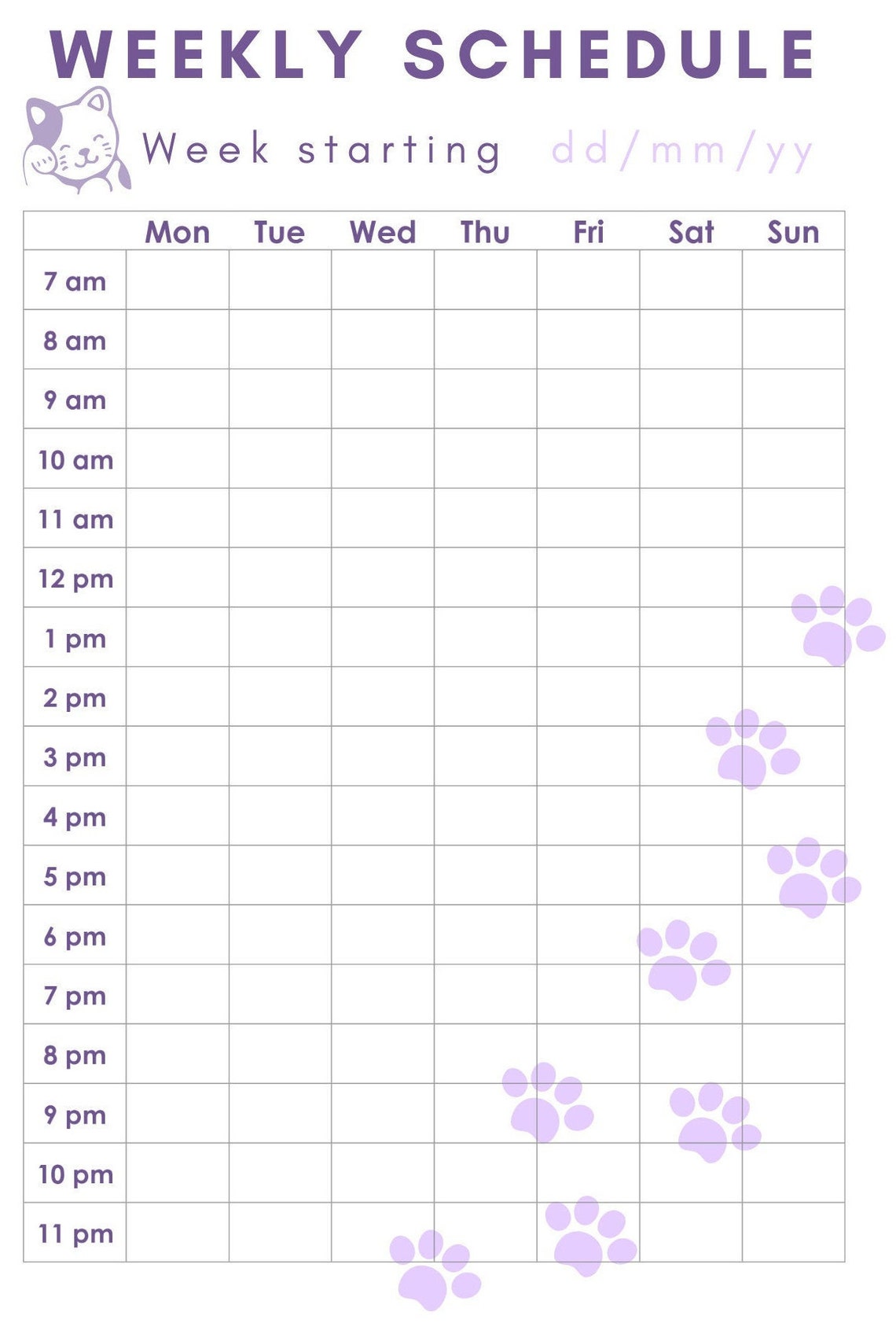 Weekly Schedule Printable Timetable Cat Lovers Gift | Etsy