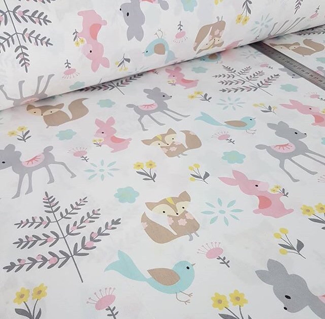 Woodland Cotton Fabric by the Yard Deer in Forest Ornament | Etsy