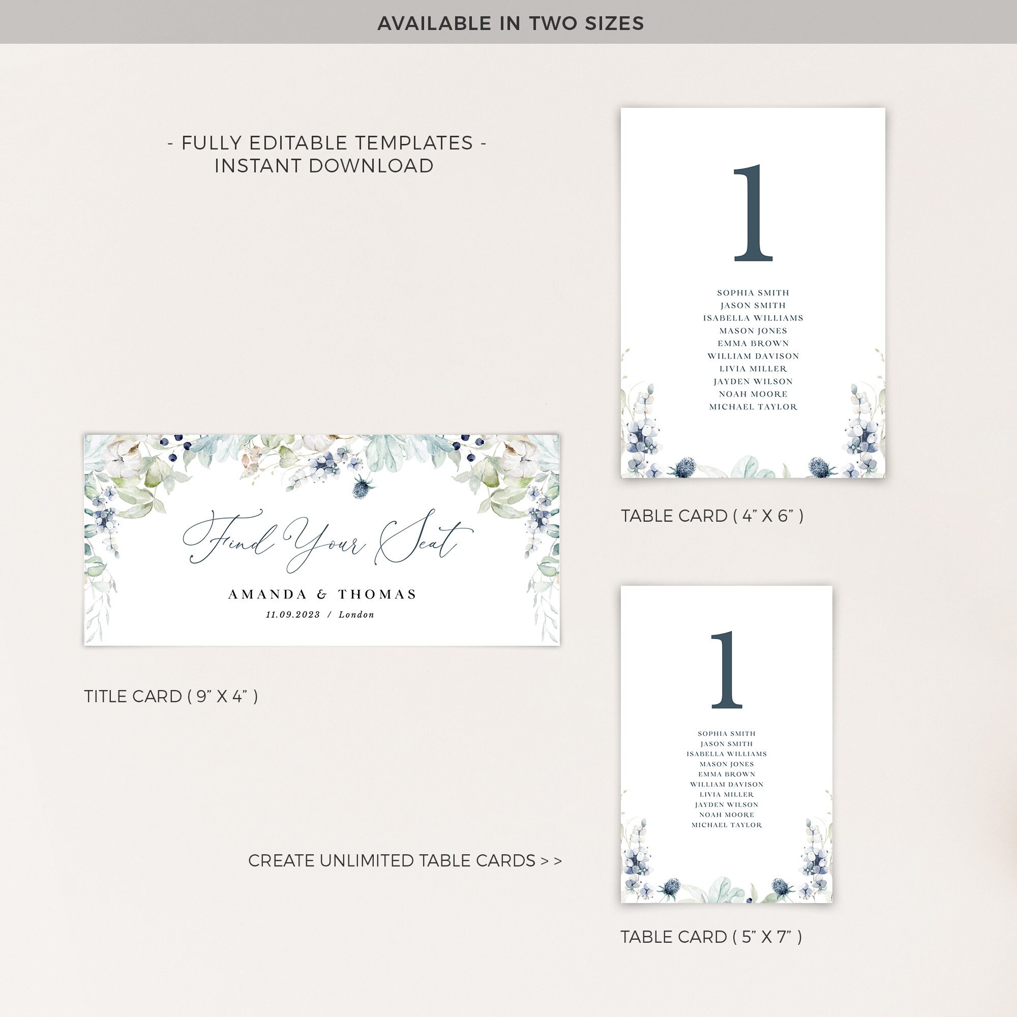 BIANCA Winter Wedding Seating Chart Card Template, Dusty Blue Wedding ...