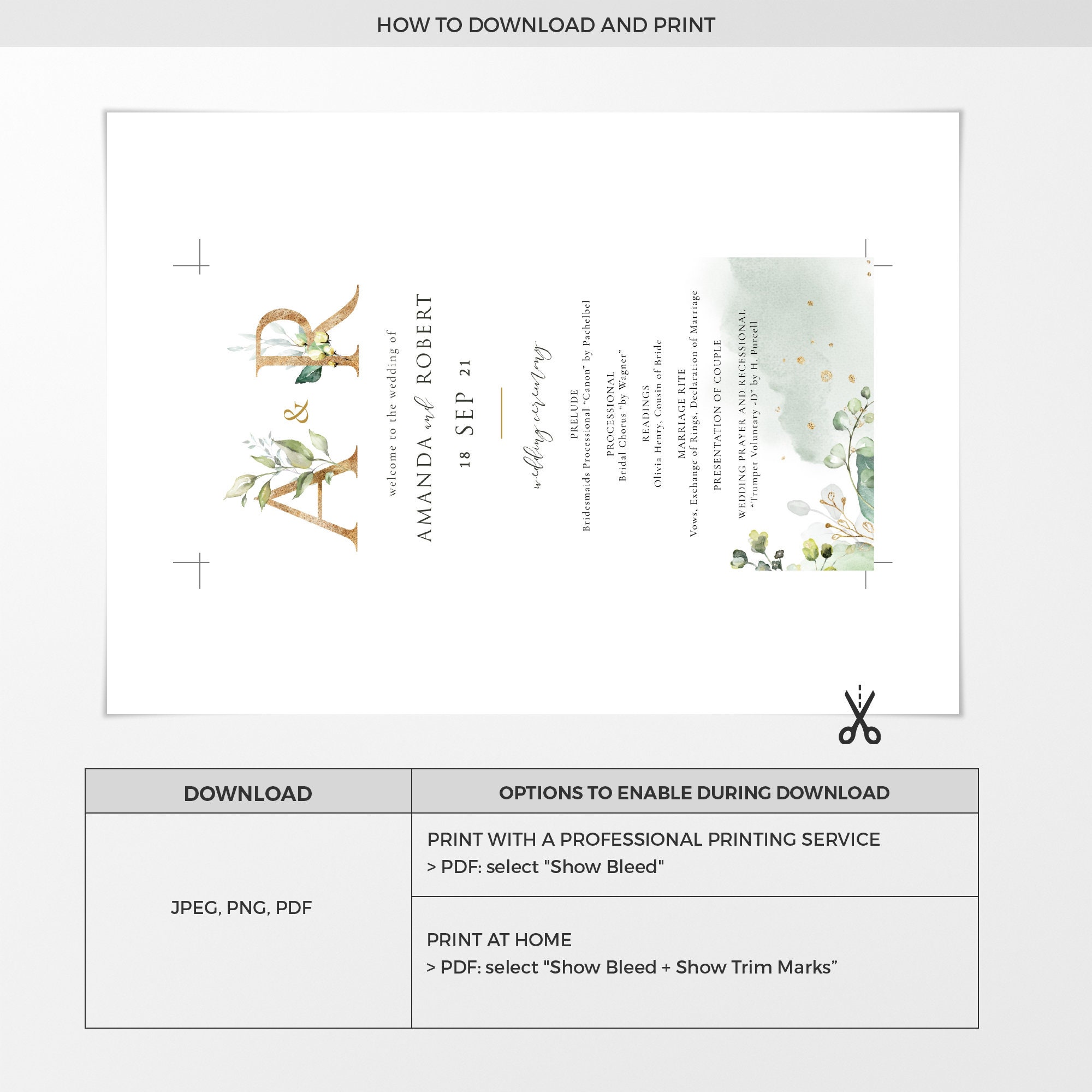 Flora Rustic Wedding Program Template Greenery Wedding | Etsy UK