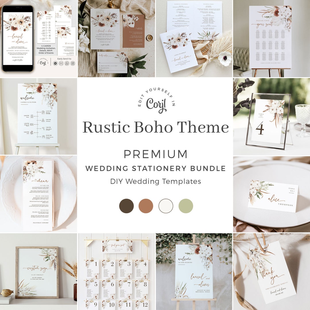 LAUREL Rustic Boho Wedding Invitation Template Bundle, Boho Wedding ...