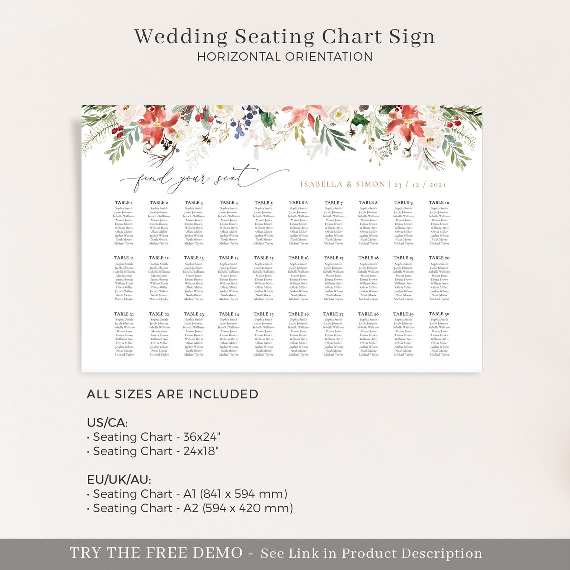Christmas Seating Chart Template Winter Wedding Seating Chart - Etsy