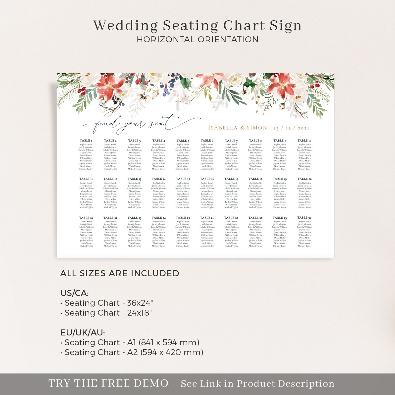 Christmas Seating Chart Template Winter Wedding Seating Chart - Etsy