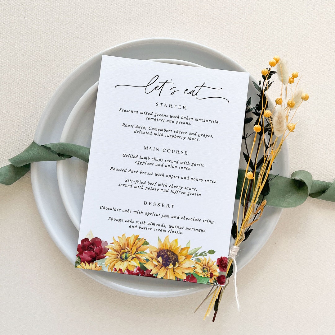 RUBY Rustic Wedding Menu Cards Template Sunflower Menu Cards - Etsy
