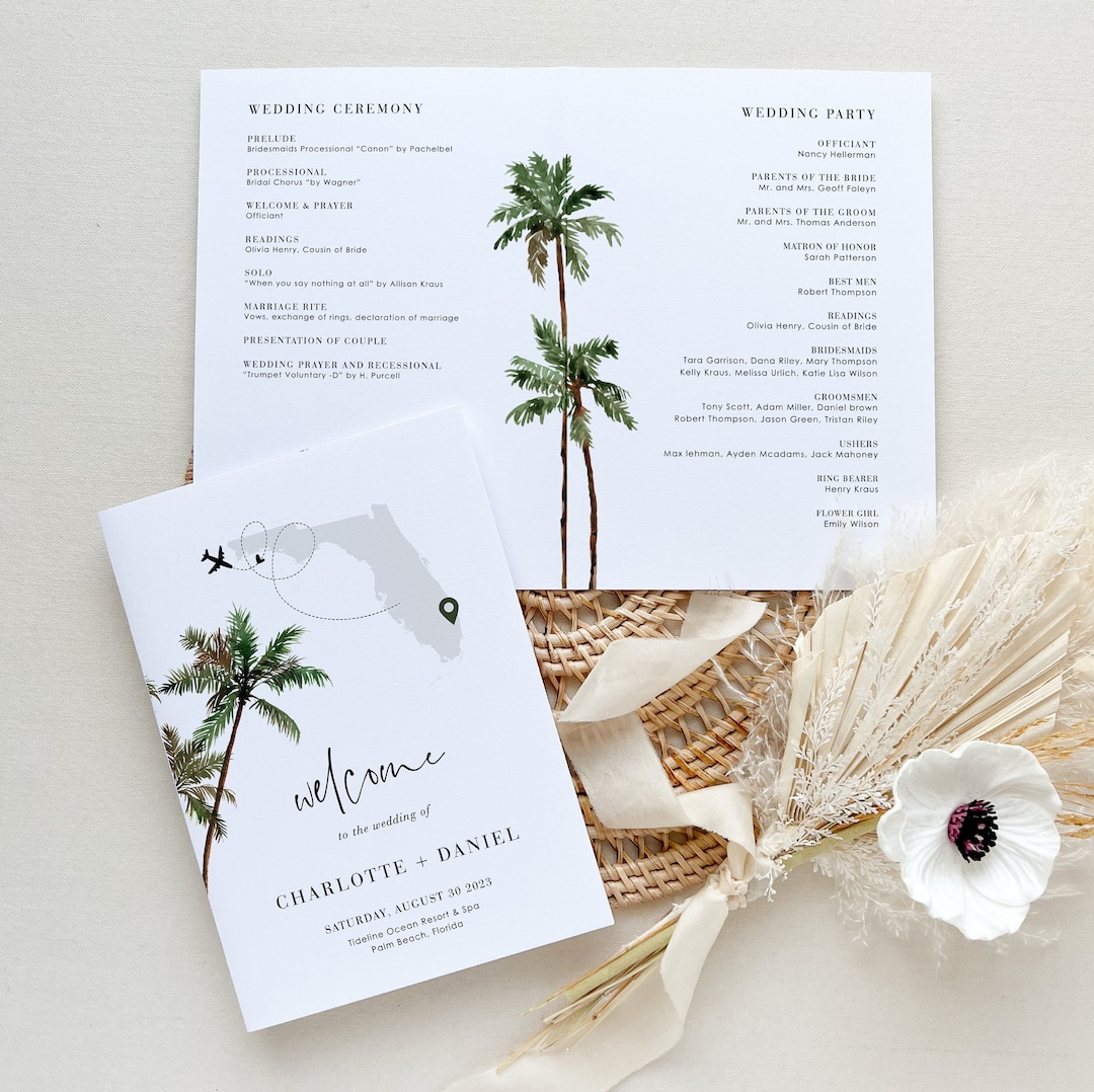 Tropical Wedding Program Template, Destination Wedding Program Template Bifold, Palm Tree ...