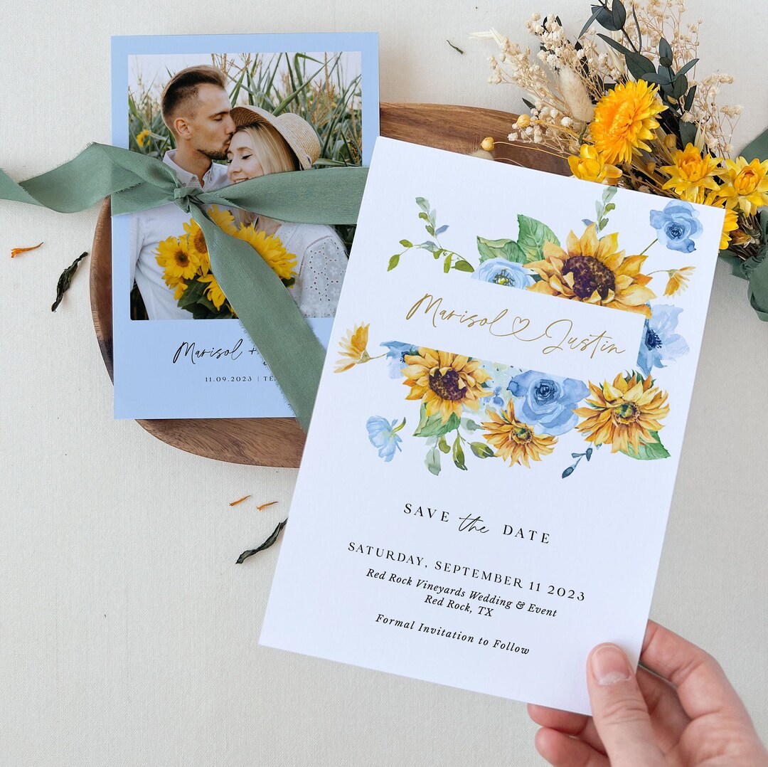 IVY Rustic Wedding Save the Date With Picture, Dusty Blue Save the Date ...