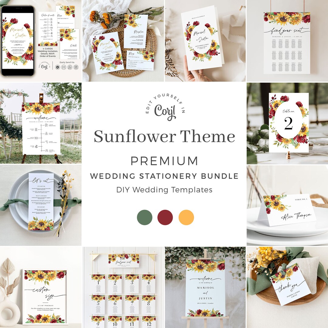 RUBY Rustic Sunflower Wedding Invitation Template Bundle, Rustic ...
