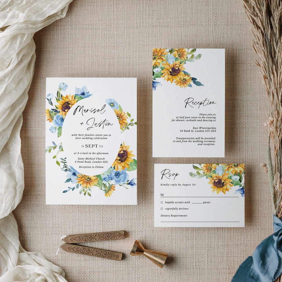 Ivy Rustic Wedding Invitation With Rsvp Template, Sunflower Wedding ...