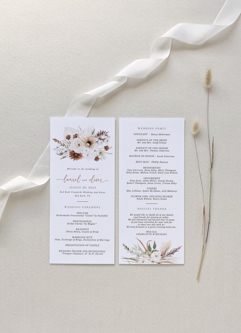 LAUREL Boho Wedding Program Template Bifold, Terracotta Wedding Program Template One Page, Fall ...
