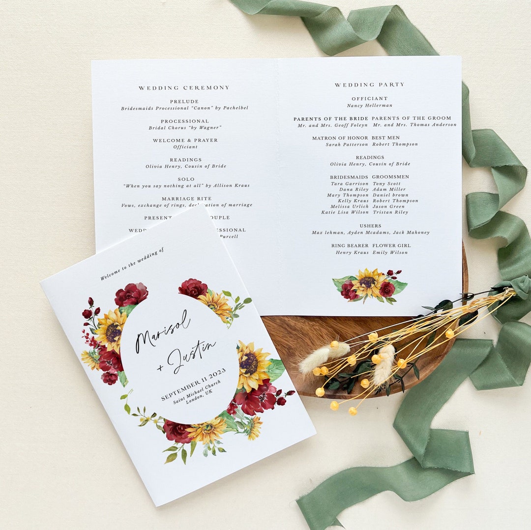 RUBY Order of Service Template, Sunflower Wedding Program Template ...