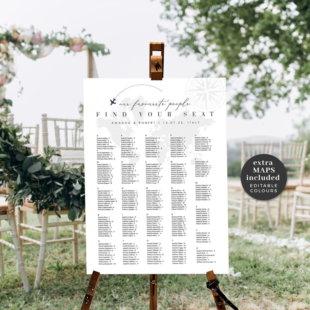Alphabetical Seating Chart Template, Printable Wedding Seating Chart ...