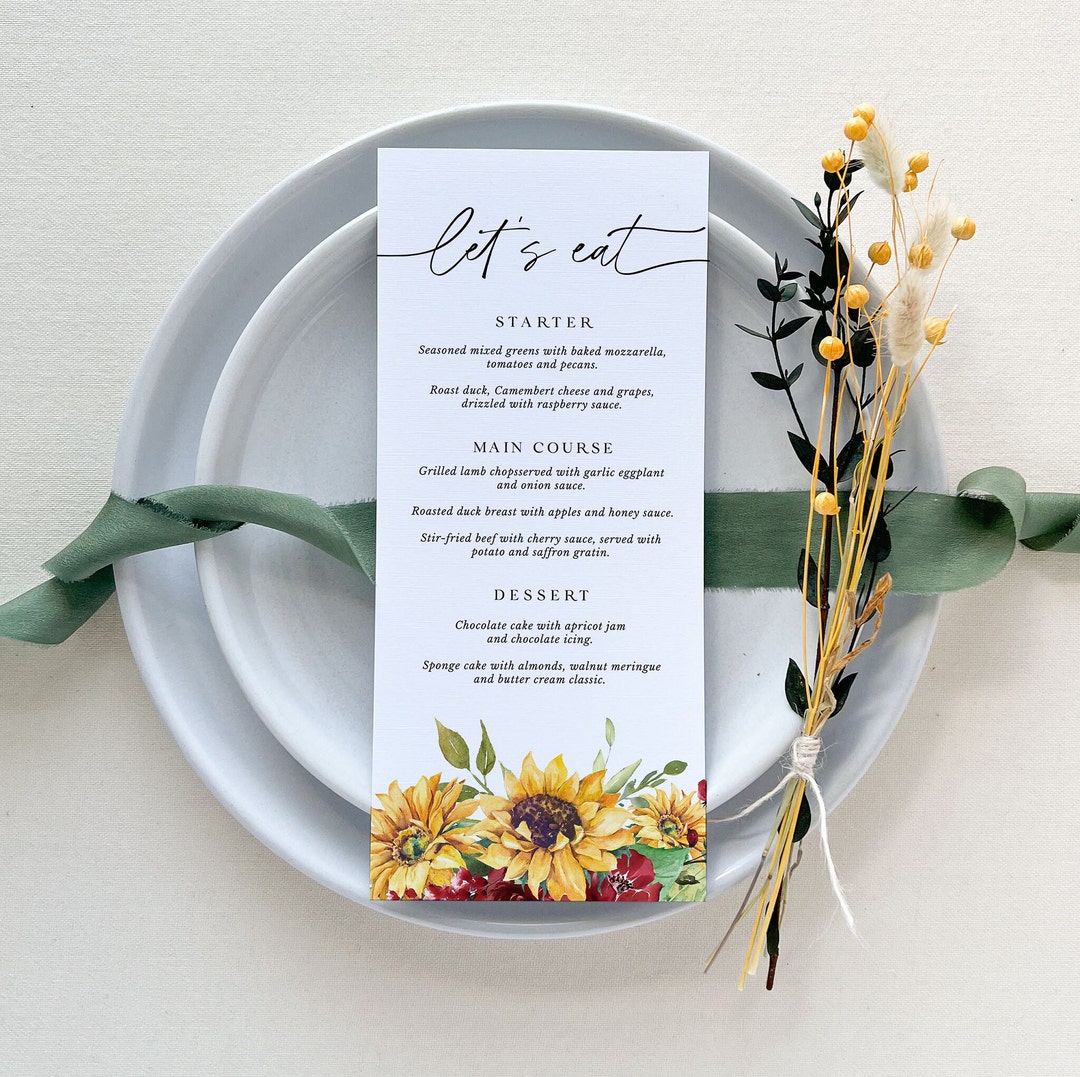 RUBY Rustic Wedding Menu Cards Template, Sunflower Menu Cards for ...