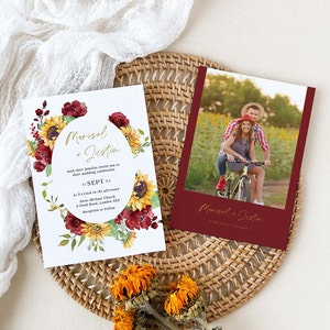 RUBY Red Roses and Sunflower Wedding Invitation and Rsvp, Rustic ...