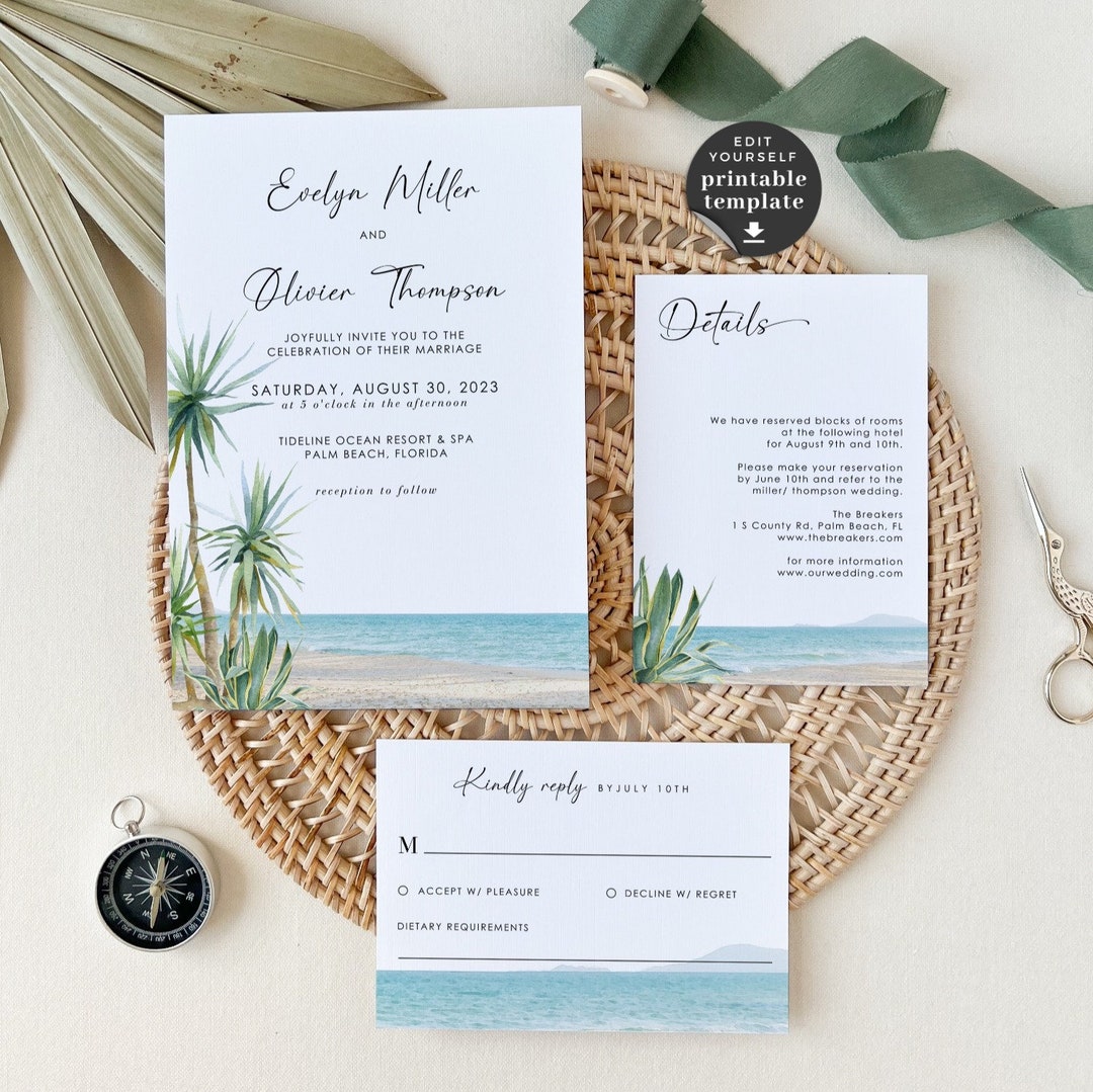SELMA Tropical Beach Wedding Invitation Set, Destination Wedding Invitation Suite Template, Palm ...