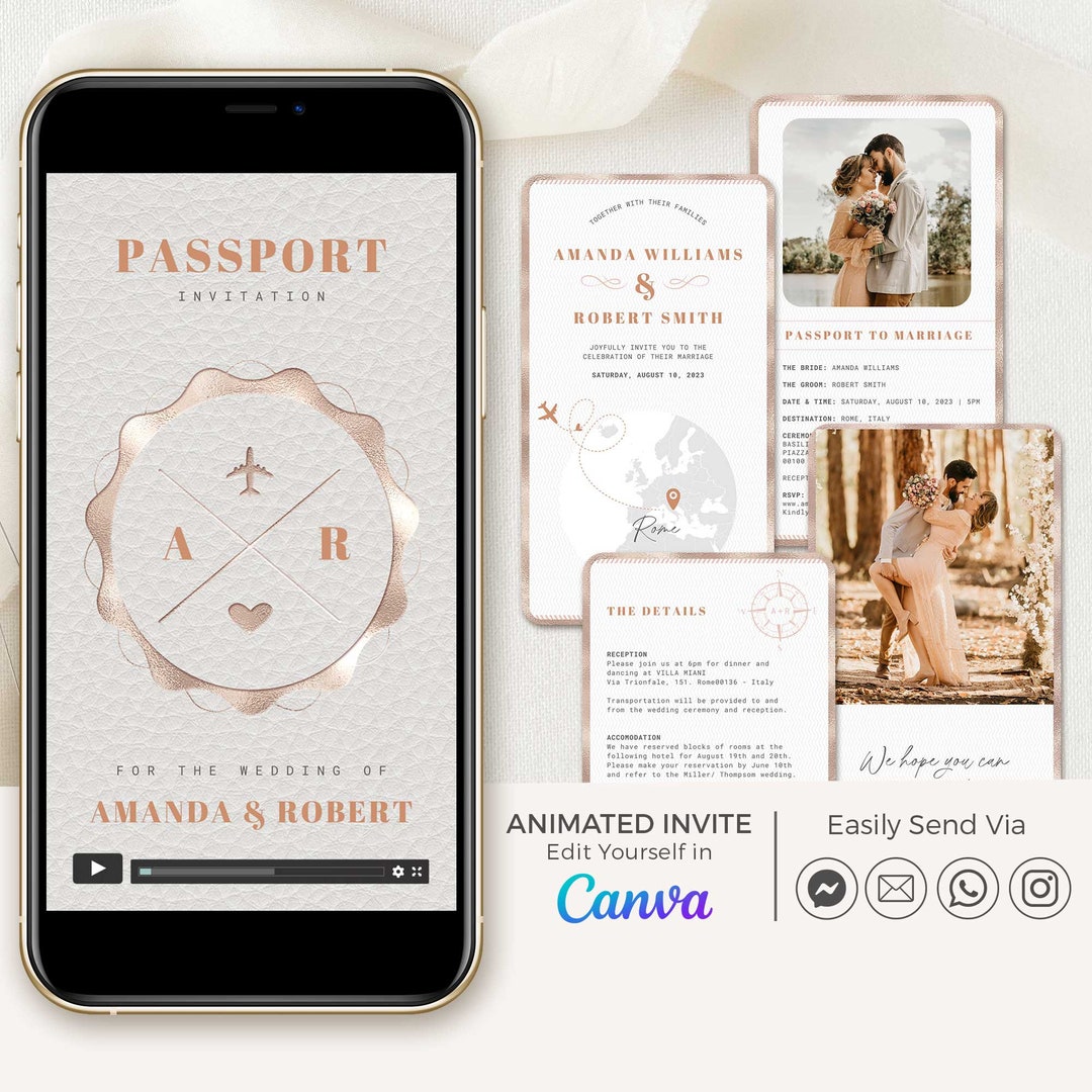 Digital Passport Wedding Invitation Rose Gold, Destination Wedding ...
