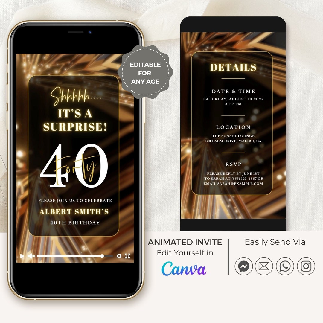 Gold Birthday Invitation for Men, Animated Birthday Invitation Canva ...
