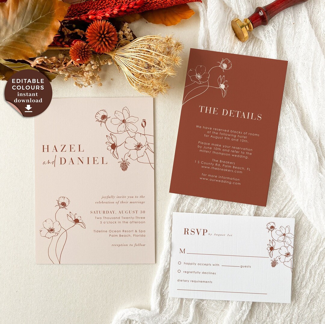 HAZEL Terracotta Wedding Invitation Bundle, Boho Wedding Invitation ...