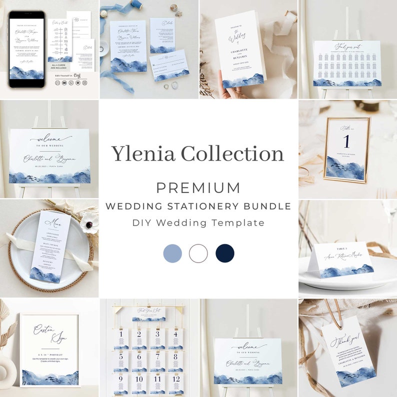 YLENIA Beach Wedding Invitation Bundle Template, Coastal Wedding ...