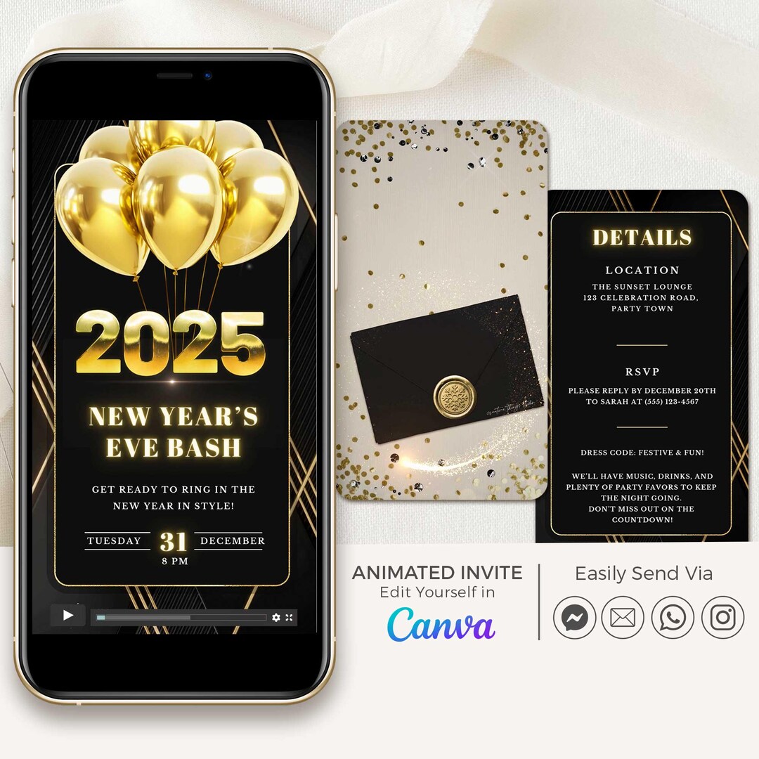 2025 New Year Party Invitation Animated, Digital New Years Eve ...