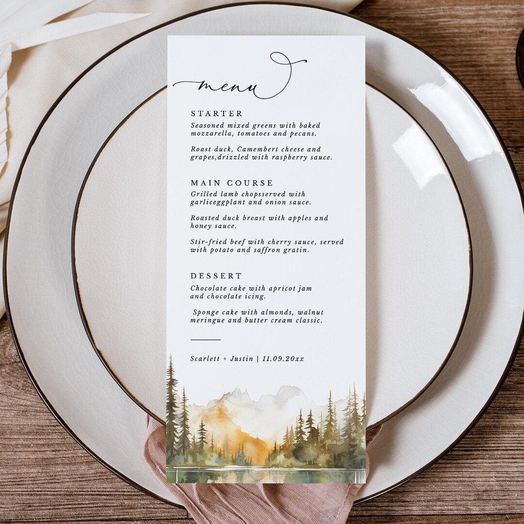 ARNA Rustic Wedding Table Menu Cards, Mountain Wedding Menu Template, Forest Wedding Menu Cards ...