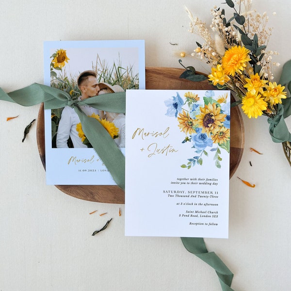Dusty Blue and Sunflower Wedding Invitation - Etsy